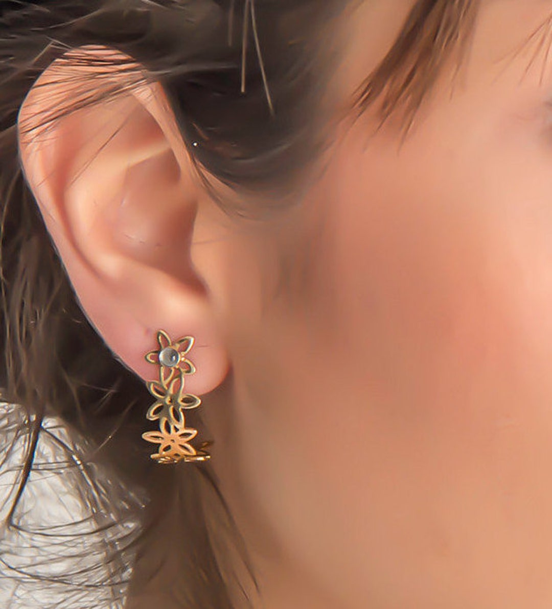 Half Hoop Flowers Earrings, 22k Gold Plated Silver Women Earrings, Blue ...