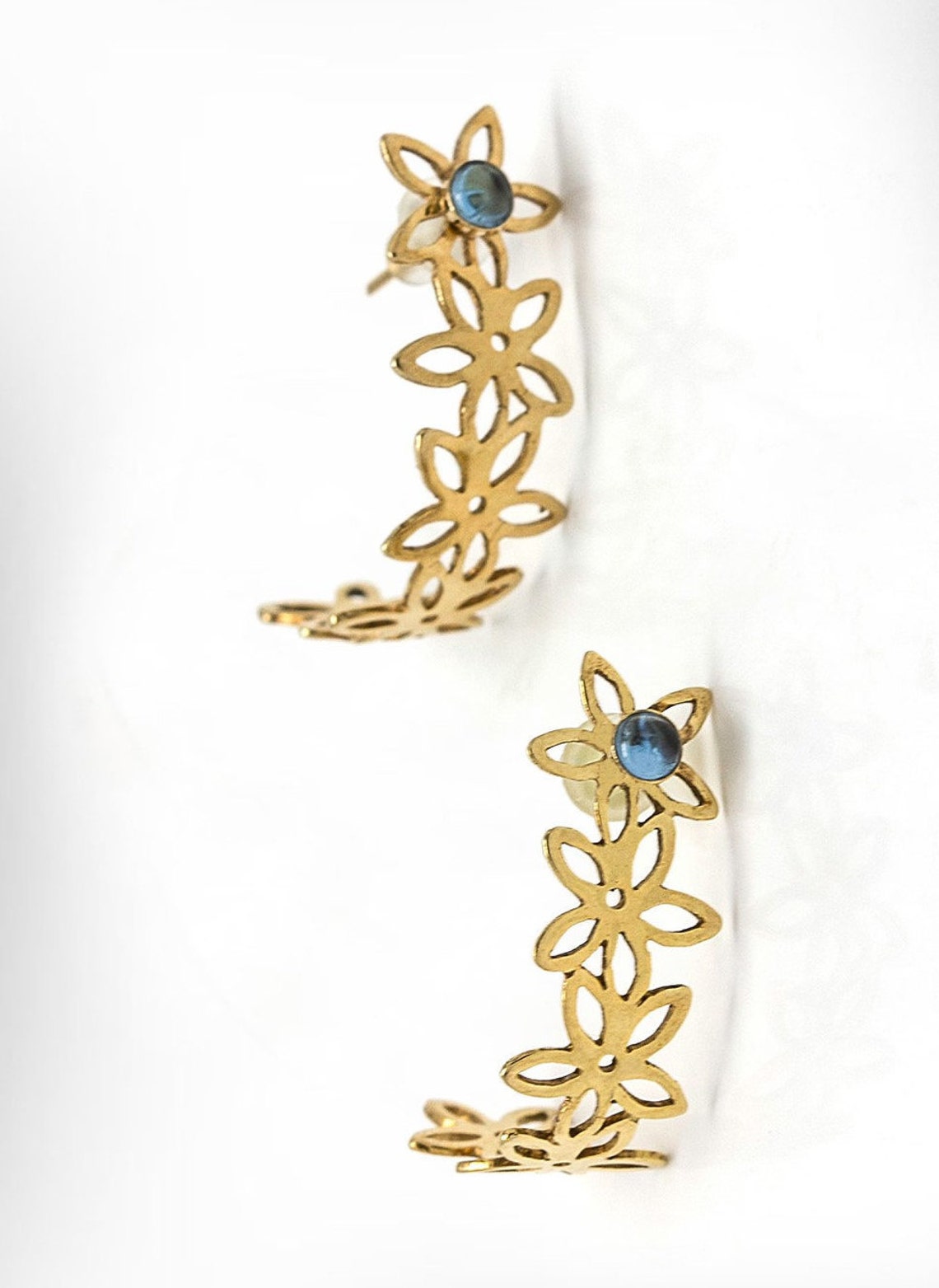 Half Hoop Flowers Earrings 22k Gold plated Silver Women | Etsy