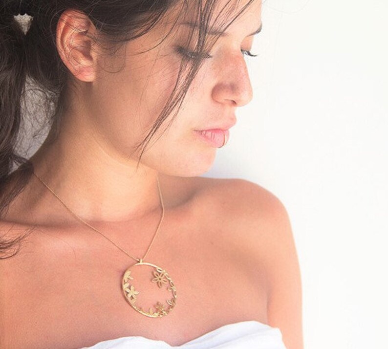 Large Boho Pendant Necklace Gold Flower Pendant Long - Etsy