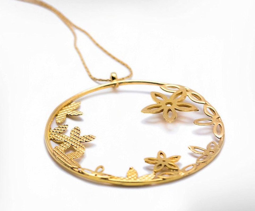 Large Boho Pendant Necklace, Gold Flower Pendant, Long Delicate ...