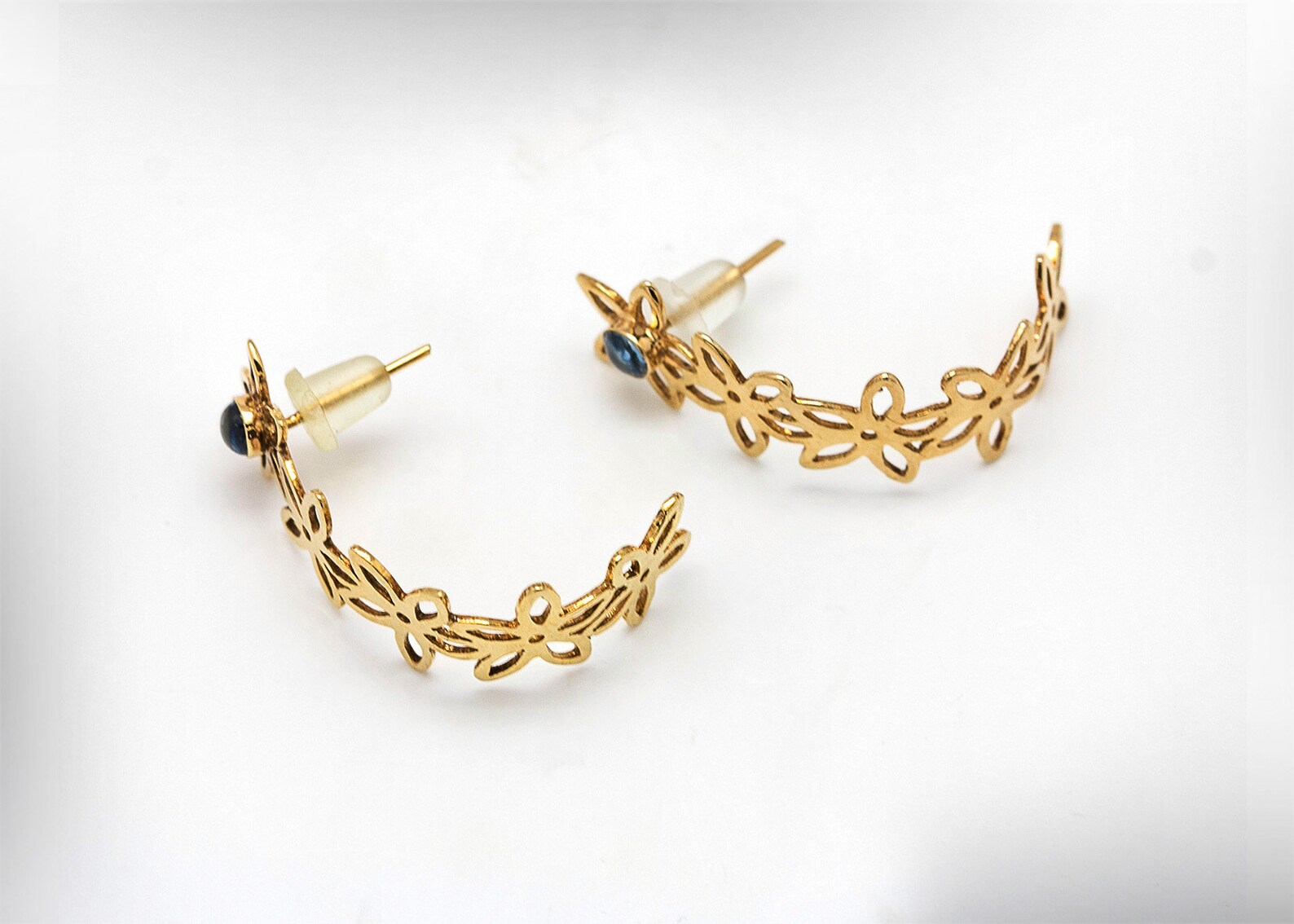 Half Hoop Flowers Earrings 22k Gold Plated Silver Women - Etsy