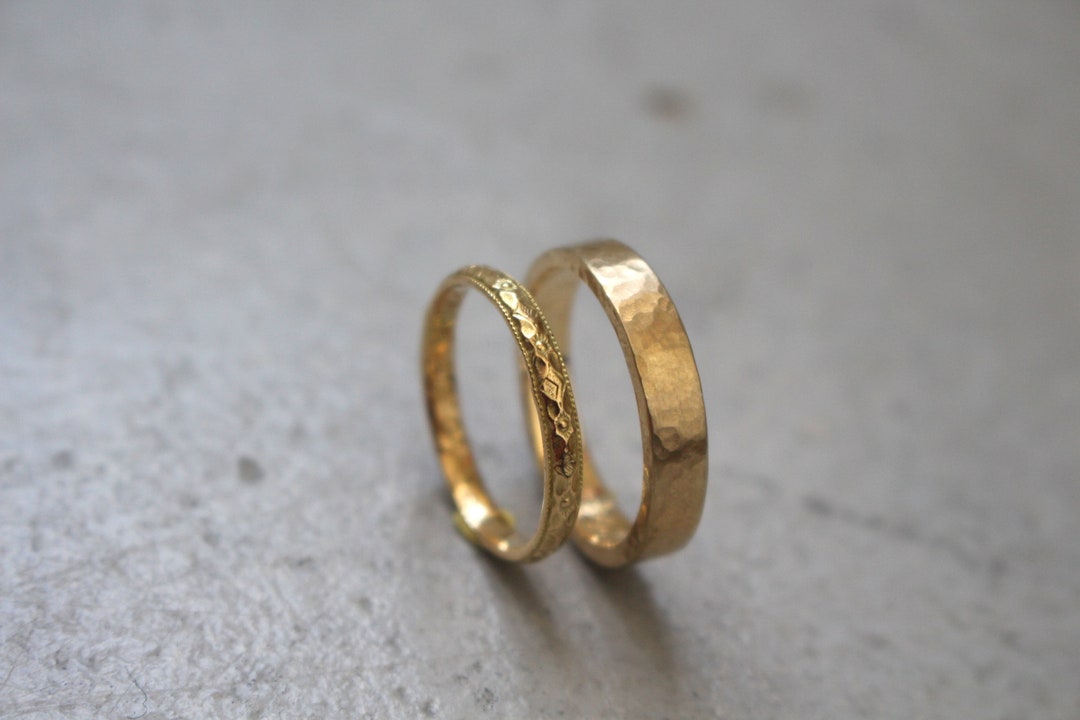 Gold Wedding Rings, Couple Rustic Rings - Etsy