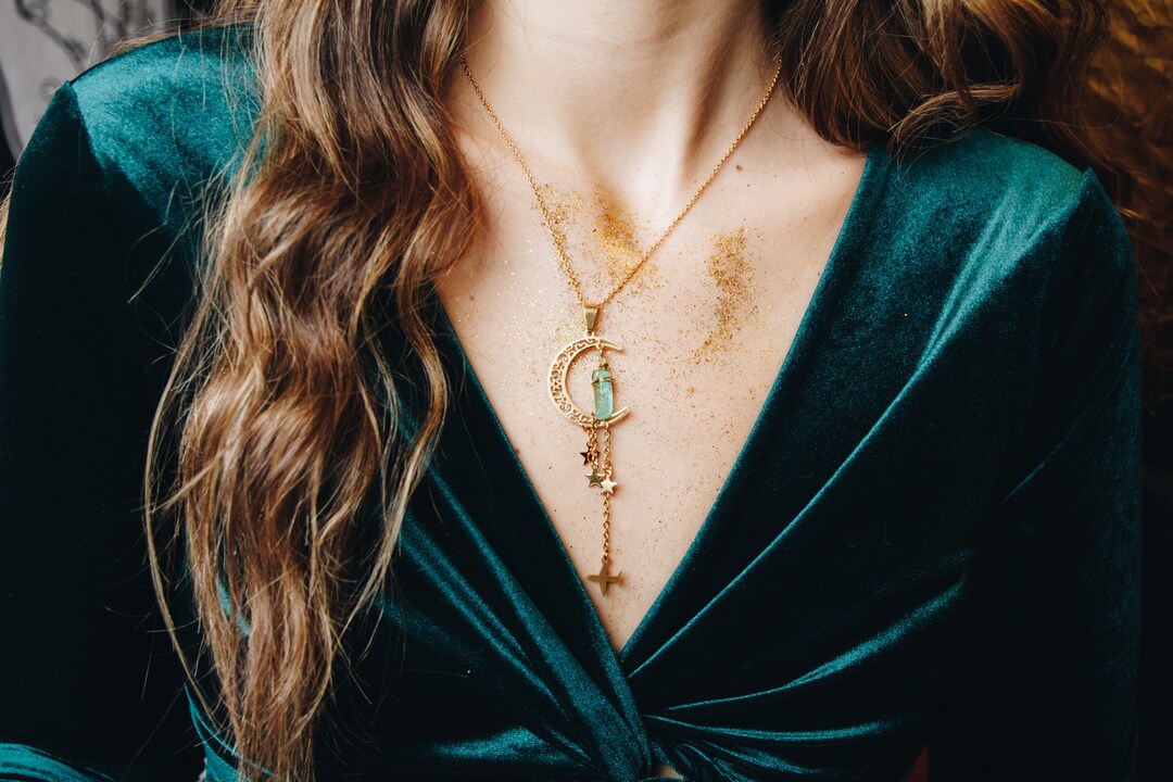 Aqua Quartz Moon Necklace, Celestial Stainless Steel Pendant - Etsy