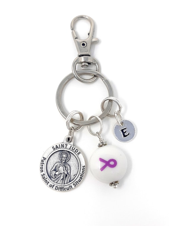 Saint Jude Thaddeus Keychain Purple Ribbon Keychain Cancer - Etsy