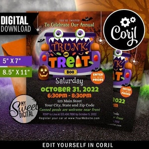 Halloween Trunk or Treat Invitation Flyer for Kids, Fall Community ...