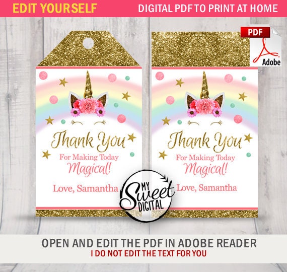 Instant Download Magical Unicorn Thank You Birthday Party Tag | Etsy