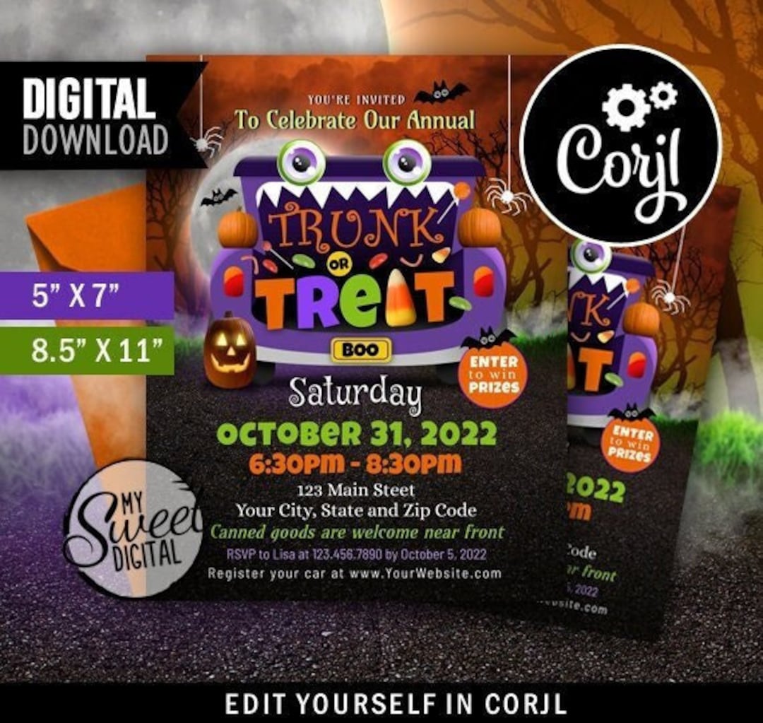 Halloween Trunk or Treat Invitation Flyer for Kids, Fall Community ...