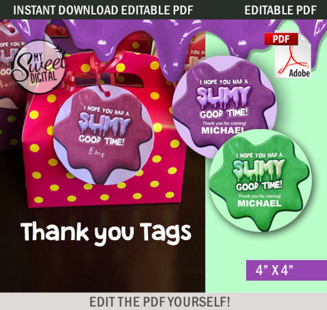 Instant Download Slime Party Birthday Thank You Tag, Slime Theme Notes ...