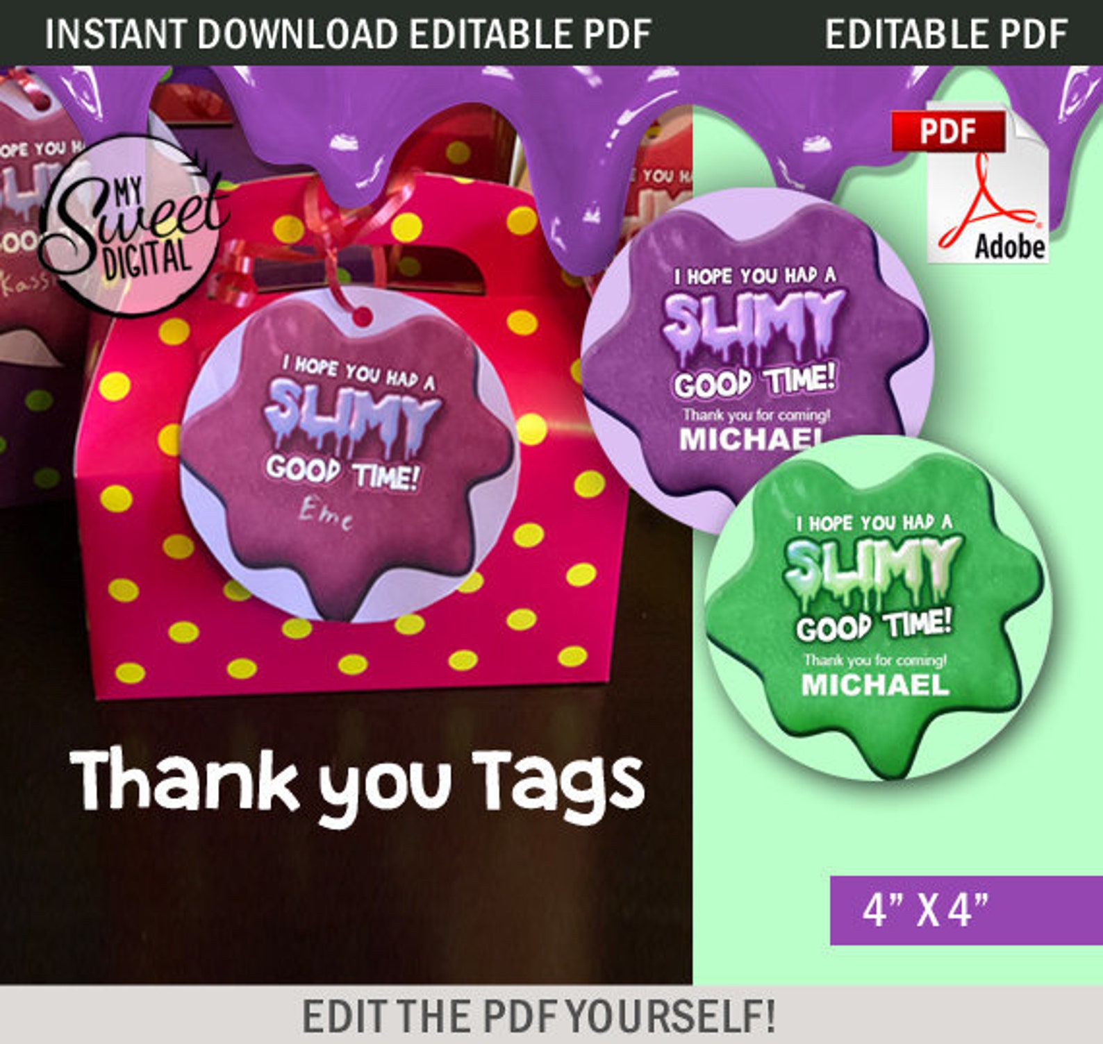 Instant Download Slime Party Birthday Thank You Tag, Slime Theme Notes ...