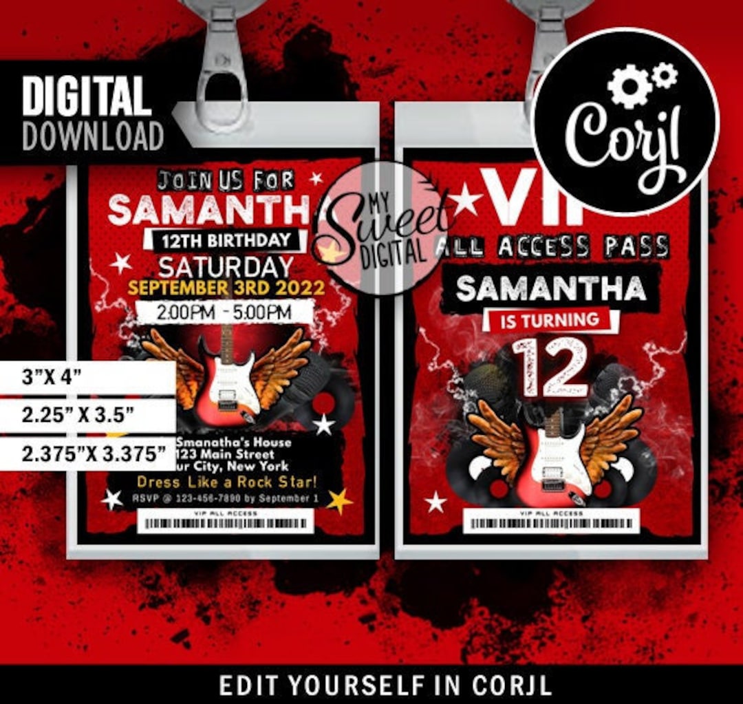 Music Rockstar VIP Band Birthday Party Pass Invitations, Red Rock Star ...