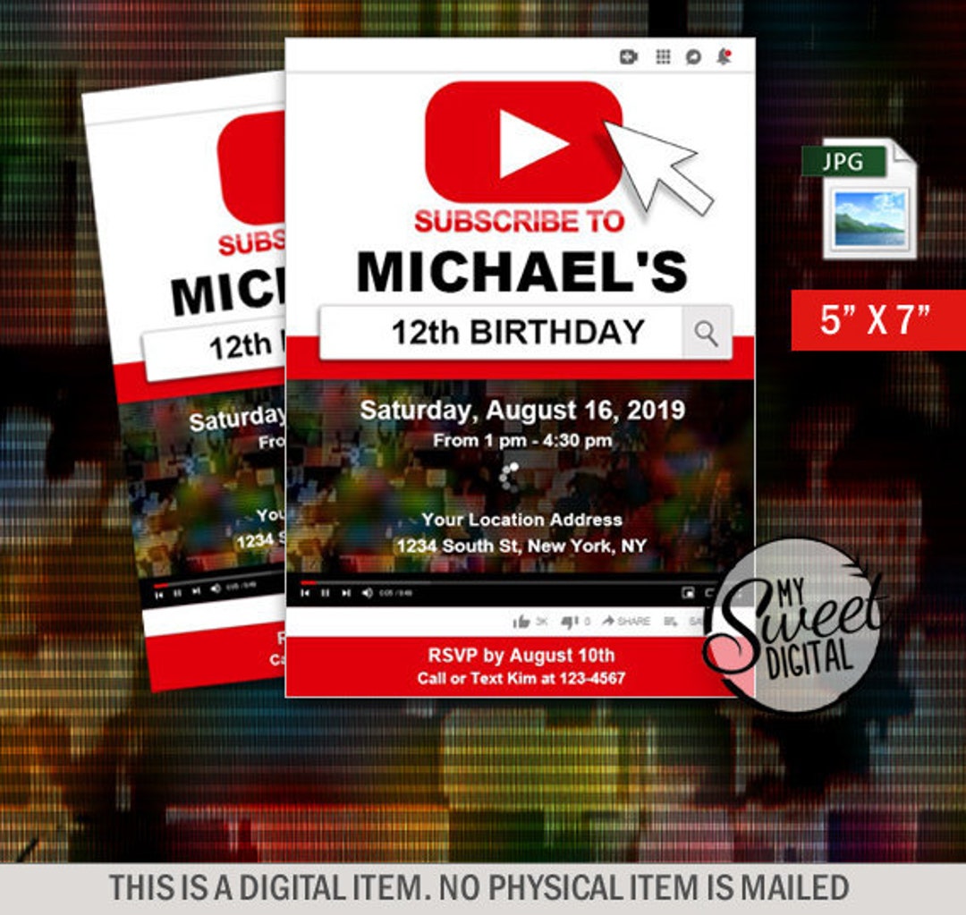 Youtube Birthday Invitation, Video Gamer Invite Theme, Personalized ...