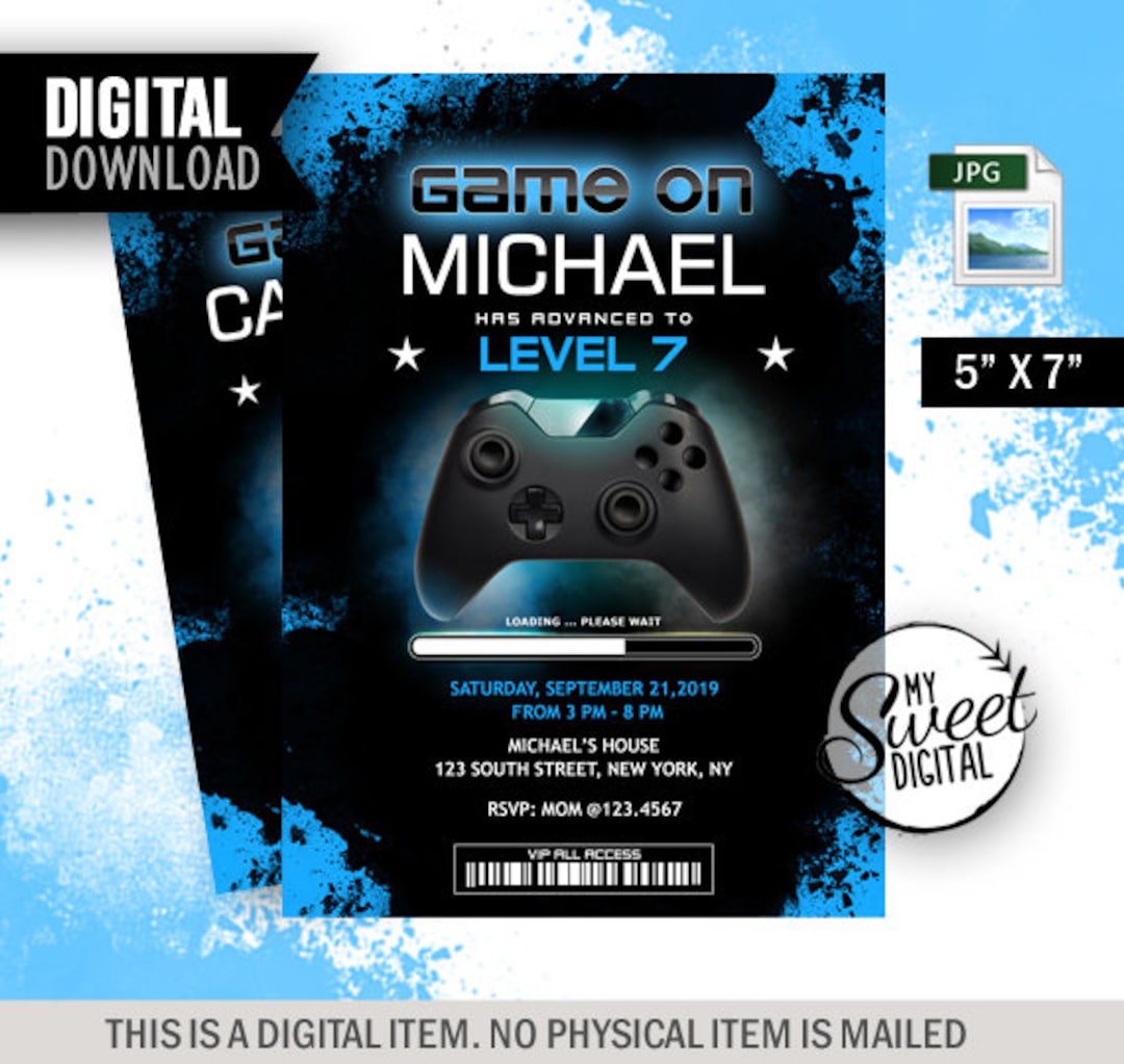 Gamer Birthday Invitation, Blue Video Gamer Invite Theme, Personalized ...