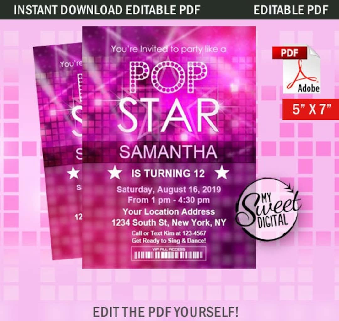Pop Star Girl's Instant Download Birthday Invitation, Tween, Teen Party ...