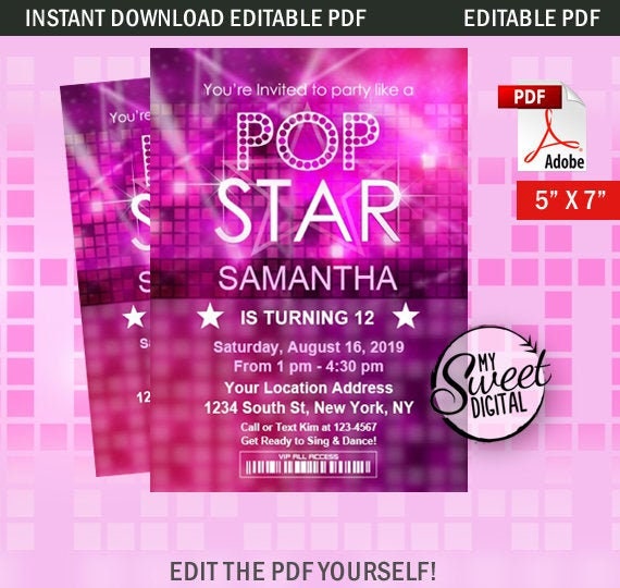 Pop Star Girl's Instant Download Birthday Invitation | Etsy