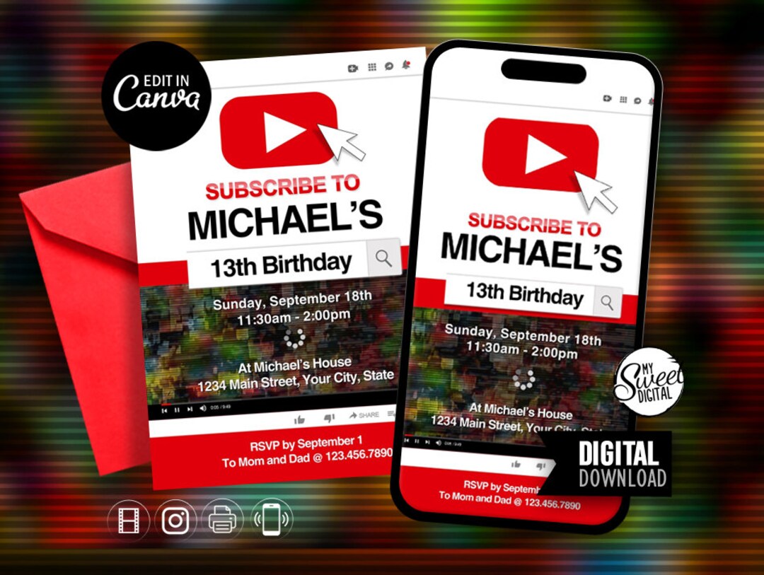 Youtube Teen Boy Birthday Invitation, Video Streamer Gamer Invite ...