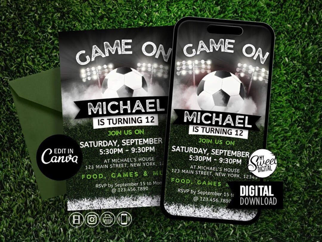 Soccer Animated Birthday Invitation, Boy's Soccer Game Invitation, Teen ...