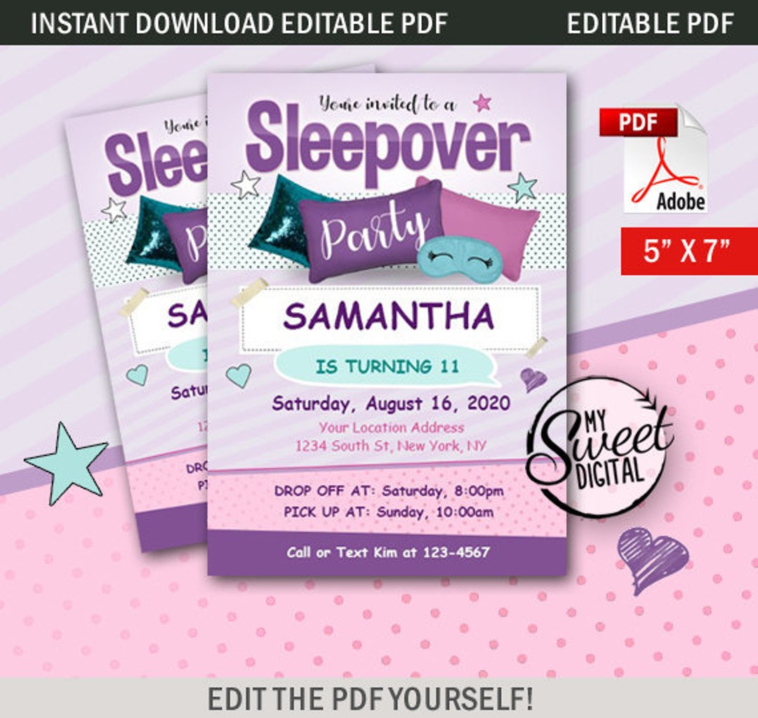 Girl Slumber Party Sleepover Birthday Invitation, Tween Teen Invite ...