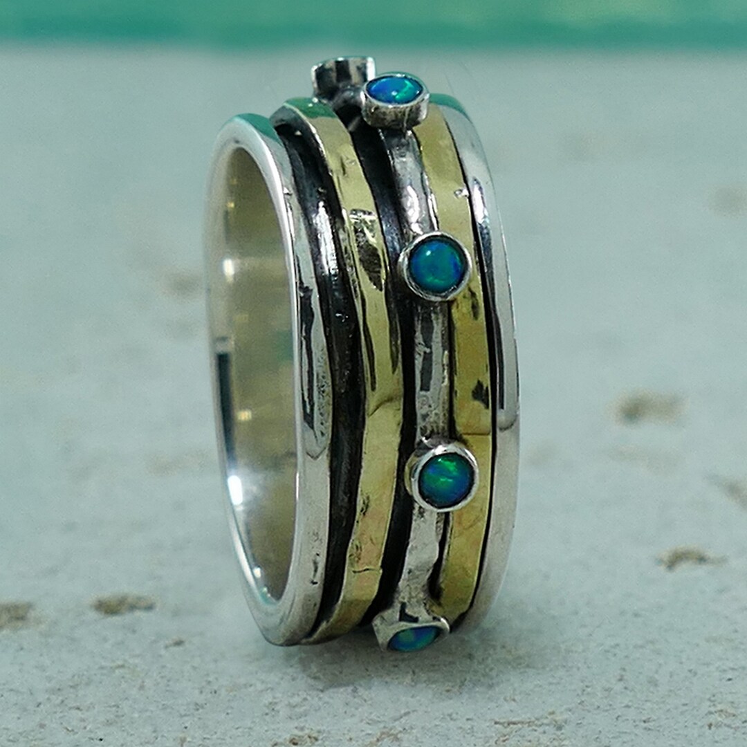 Colorful Spin: Opal Gemstone Two-tone Spinner Ring - Etsy