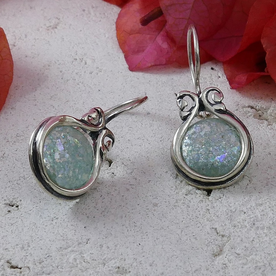 SPIRA Handcrafted Green Roman Glass Stone Israel Earring 925 Sterling ...