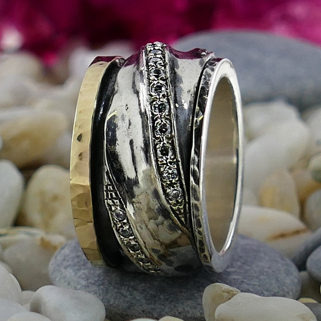 Mixed Metal Ring Unique Two Tone Spinner Ring Solid 9k Yellow Gold and ...