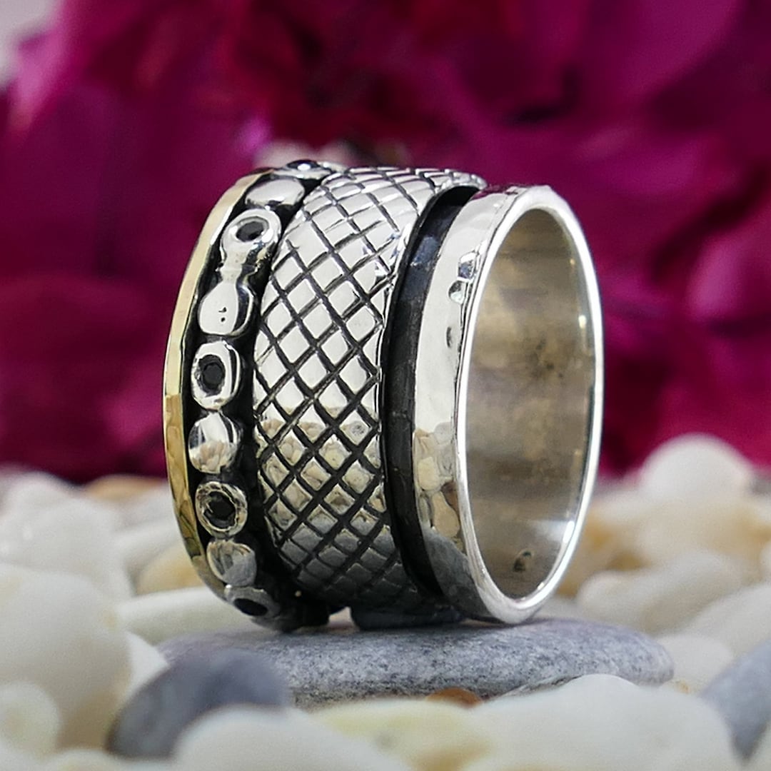 Black Spinel Spinner Ring: 9k Gold & Sterling Silver Bohemian Band - Etsy