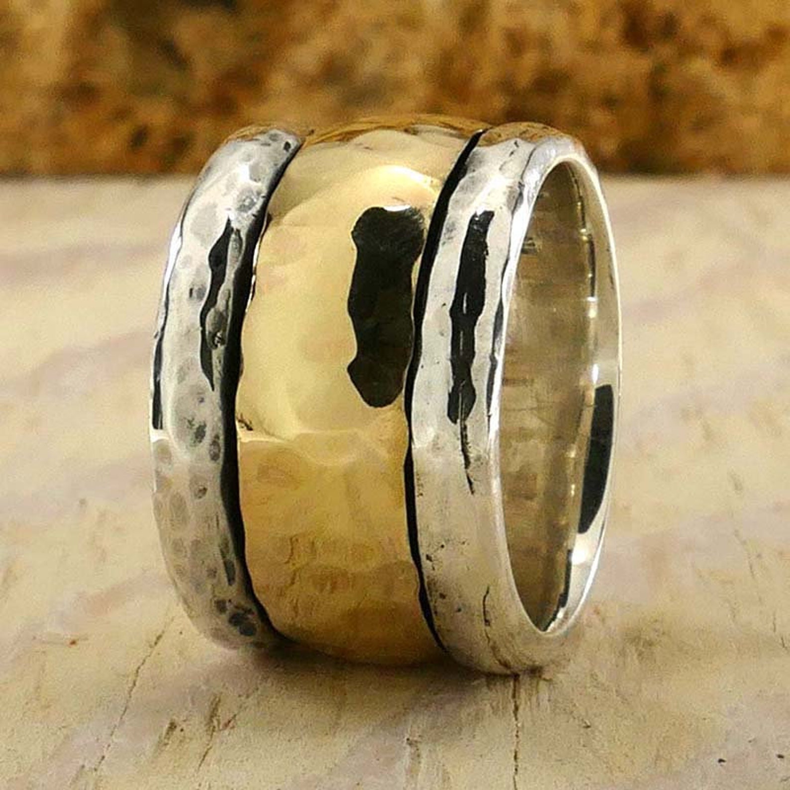 Handcrafted Unique Hammered Mixed Metal Ring Solid Gold | Etsy