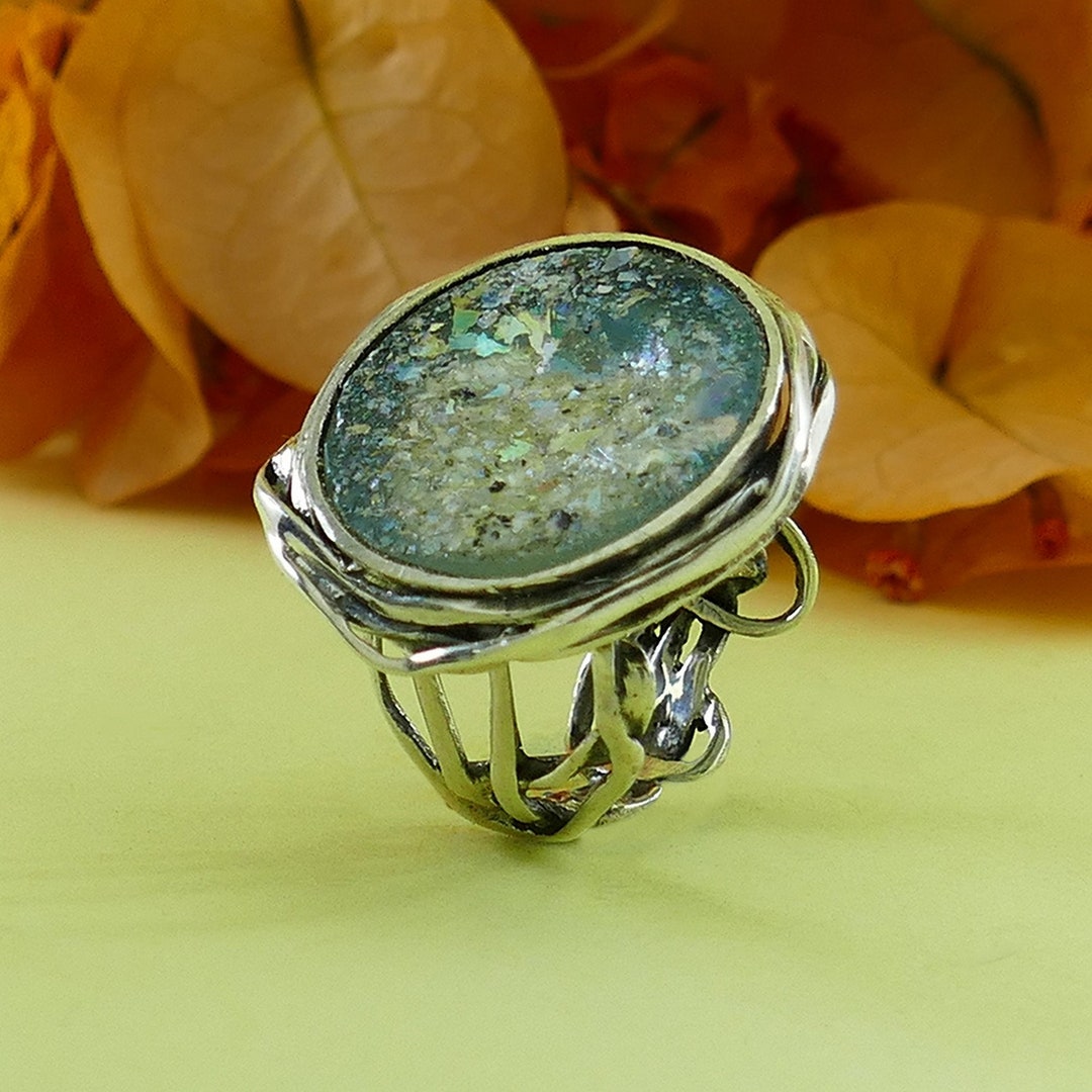 SPIRA Handcrafted Green Roman Glass 925 Sterling Silver Statement Ring ...