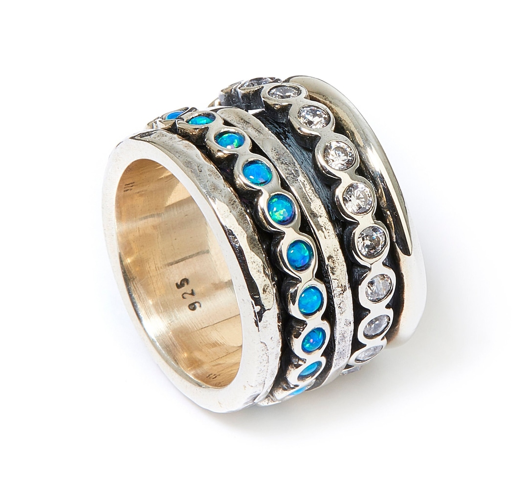 Spinner Ring for Woman 2.2 Carat Blue Opal and Cubic Zirconia Stones ...