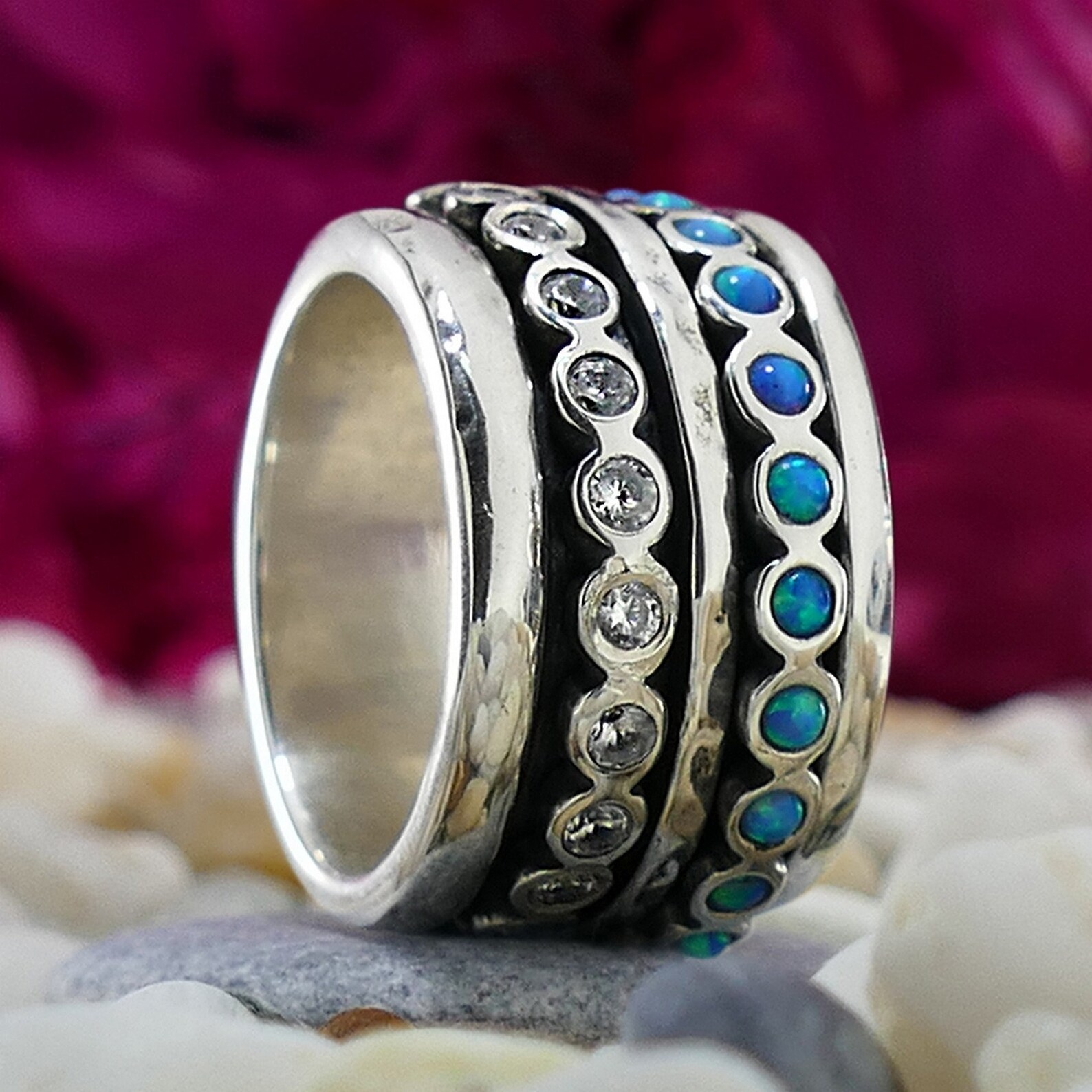 Spinner Ring for Woman 2.2 Carat Blue Opal and Cubic Zirconia | Etsy