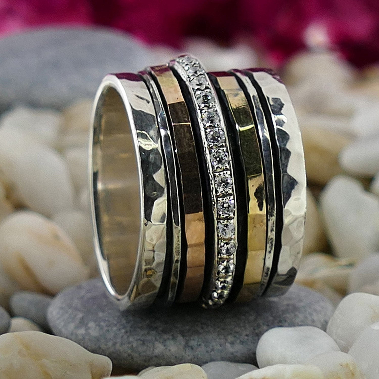 Unique Mixed Metal Spinner Ring Cubic Zirconia Stone Two Tone - Etsy