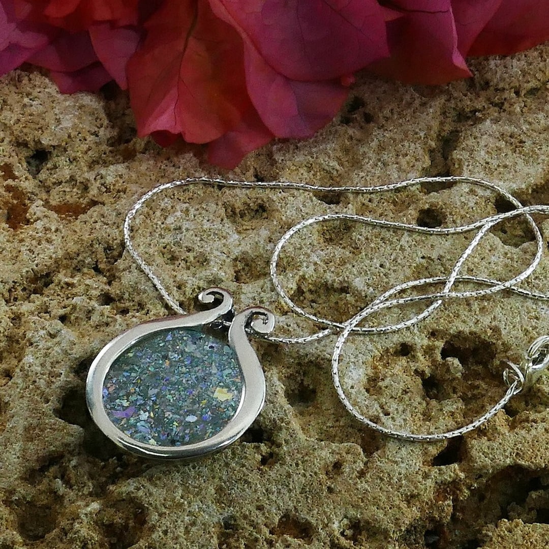 Green Roman Glass Pendant on Rope Chain, Handcrafted 925 Sterling ...