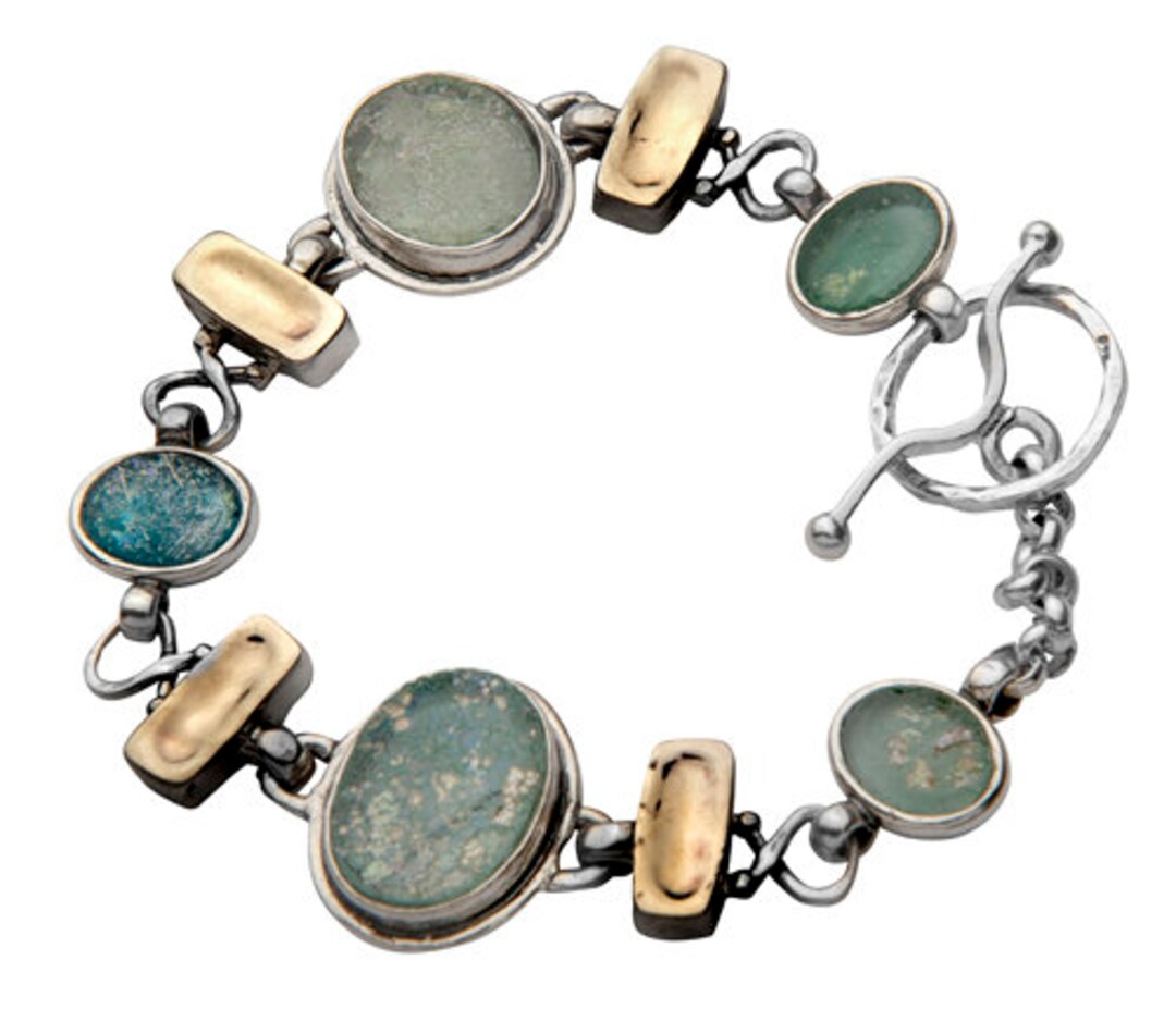 Two Tone Roman Glass Bracelet Solid 9k Yellow Gold 925 Sterling Silver ...