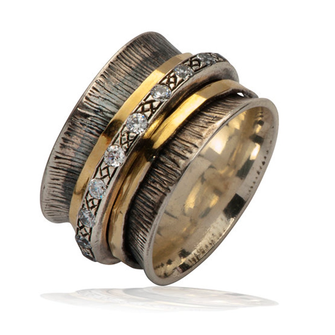 Unique Two Tone Spinner Ring 1.6 Carat White Cubic Zirconia Stone Solid ...