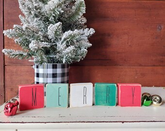 Set of 3 Painted Wooden Blocks Farmhouse Christmas Faux - Etsy