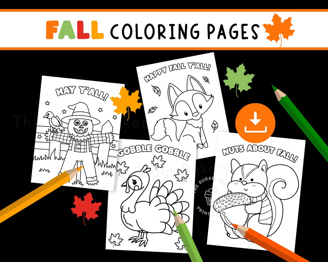 Fall Coloring Pages, PRINTABLE Autumn 4 Coloring Pages for Kids Bundle ...