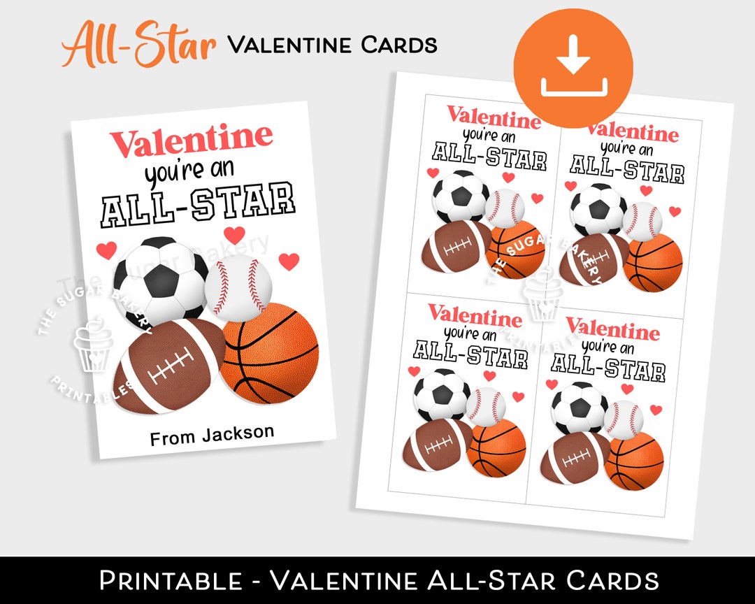 Printable ALL-STAR Sports Valentine Cards for Kids, Football Basketball ...