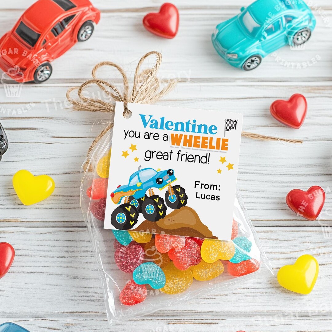 Valsntines Day Monster Truck Cards Tags, Kids Valentines Printable ...