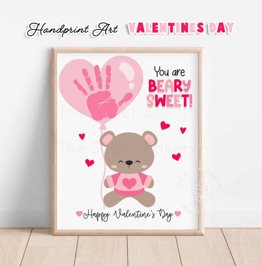 Valentine Teddy Bear Handprint Art, Printable Valentine Craft, Beary ...