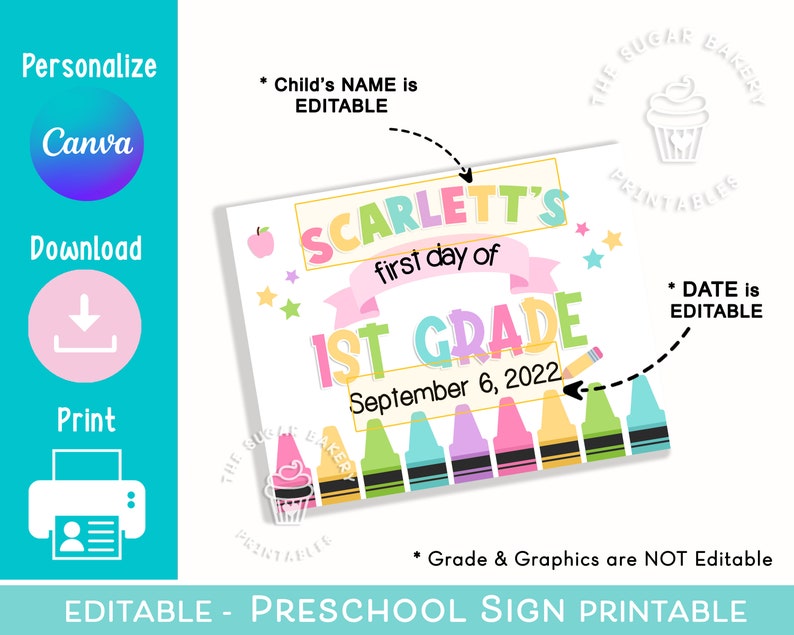 First Day of SCHOOL SIGN 1st Grade Printable EDITABLE Back to School ...