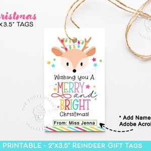 Printable Reindeer Gift Tag, Merry and Bright Reindeer Christmas Tag ...