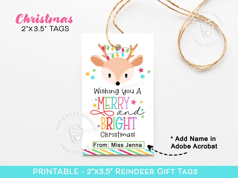 Printable Reindeer Gift Tag, Merry and Bright Reindeer Christmas Tag ...