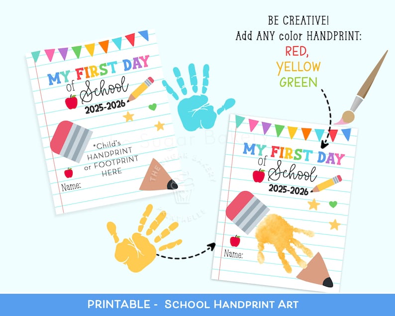 First Day of School Handprint Craft Pencil 2025 Printable Back to ...