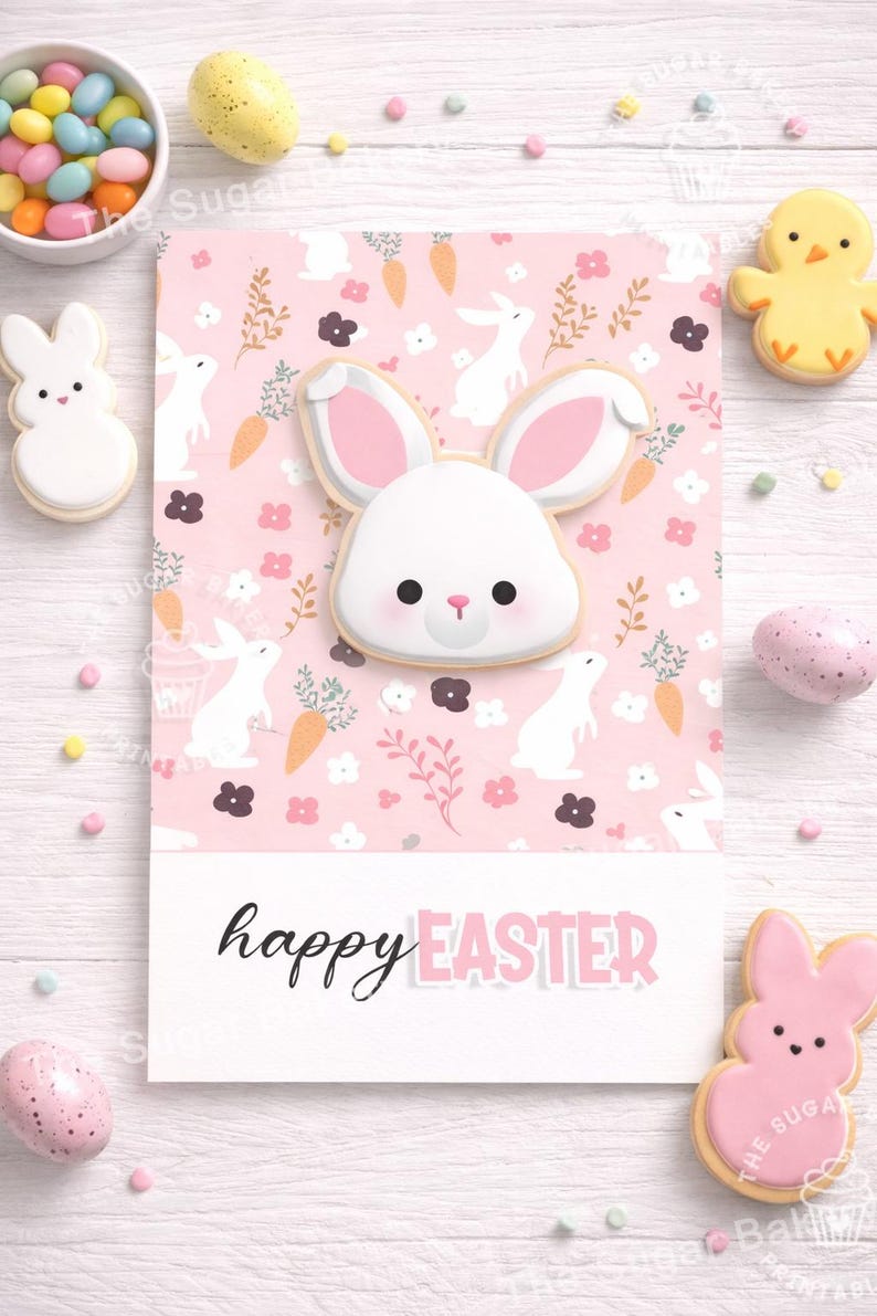 Happy EASTER COOKIE CARD, Mini & 5"x7" Easter Cookie Card, Bunny Carrot ...