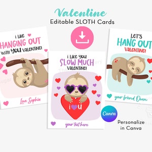 Editable SLOTH Valentine's Day Cards, Sloth Valentine Card, EDITABLE ...