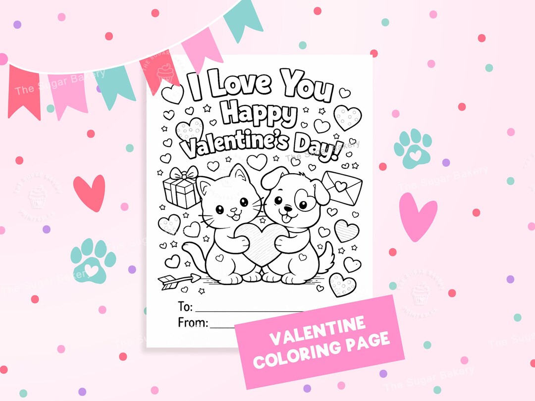 Puppy & Kitty Valentine’s Day Coloring Page for Kids, Printable ...