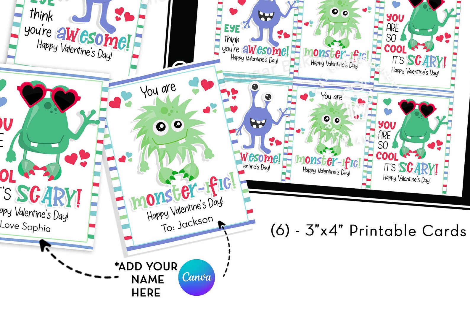 Printable MONSTER Valentine Cards, EDITABLE Monster Valentines ...