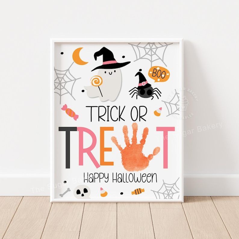 Halloween Handprint Art Craft Printable, Trick or Treat Pink Halloween ...