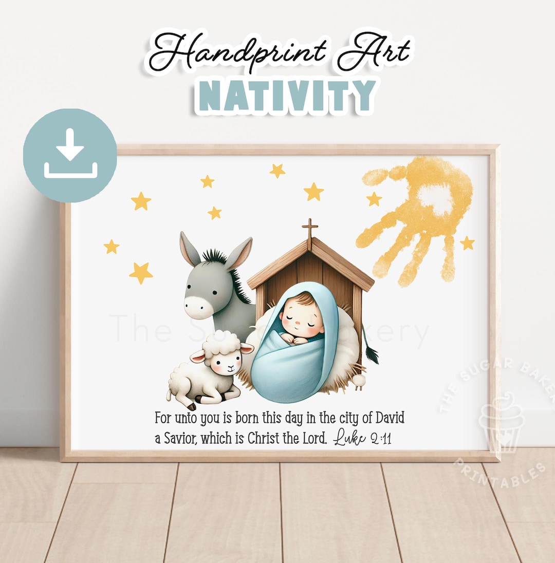 Christmas NATIVITY Handprint Art, Baby Jesus Bethlehem Manger Sunday ...