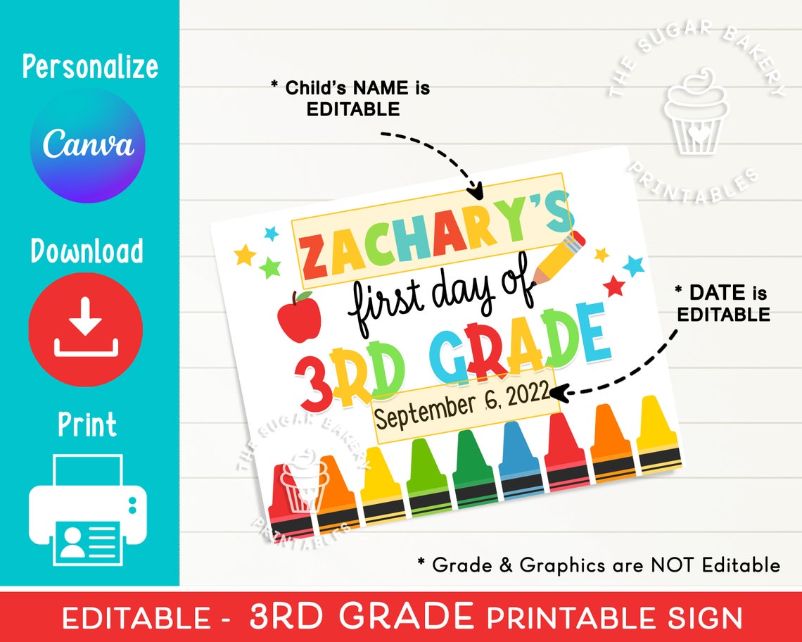 Editable First Day of 3rd Grade Sign, PRINTABLE School Sign for Kids ...