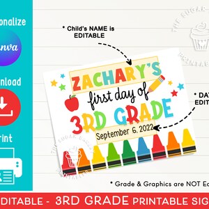 Editable First Day of 3rd Grade Sign, PRINTABLE School Sign for Kids ...